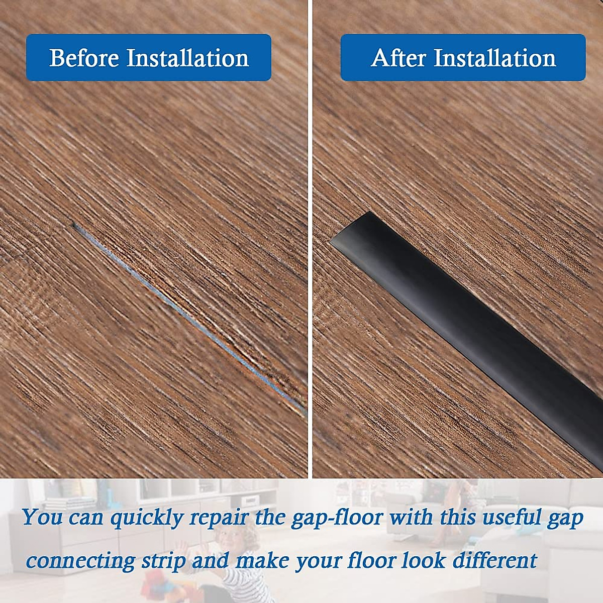 Floor Transition Strip Floor Cover Strips Self Adhesive Flooring Transitions Laminate Floor Strip 1.57" Wide Vinyl Floor Flat Divider Strip (4cm, 10Ft, Black)