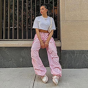 WMZJSZHY Cargo Pants Women Adjustable High Waist Baggy Y2K Trendy Drawstring Parachute Pants Elastic Wide Leg Plus Size Jogger Sweatpants with Pockets Hip Hop Downtown Girl Aesthetic Pink L