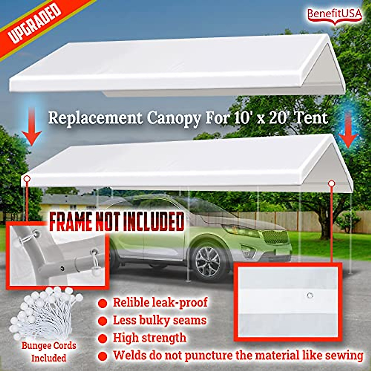 BenefitUSA Muli-ti Size Carport Replacement Canopy Garage Top Tarp Shelter Cover w Ball Bungee Cords, Canopy Onl with Edge (10'x20')