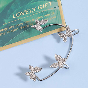 Yheakne Butterfly Ear Cuff Earrings Silver Rhinestone Butterfly Wrap Crawler Earrings Cz Full Ear Earrings No Piercing Earrings Jewelry for Women Animal Earrings (Silver)