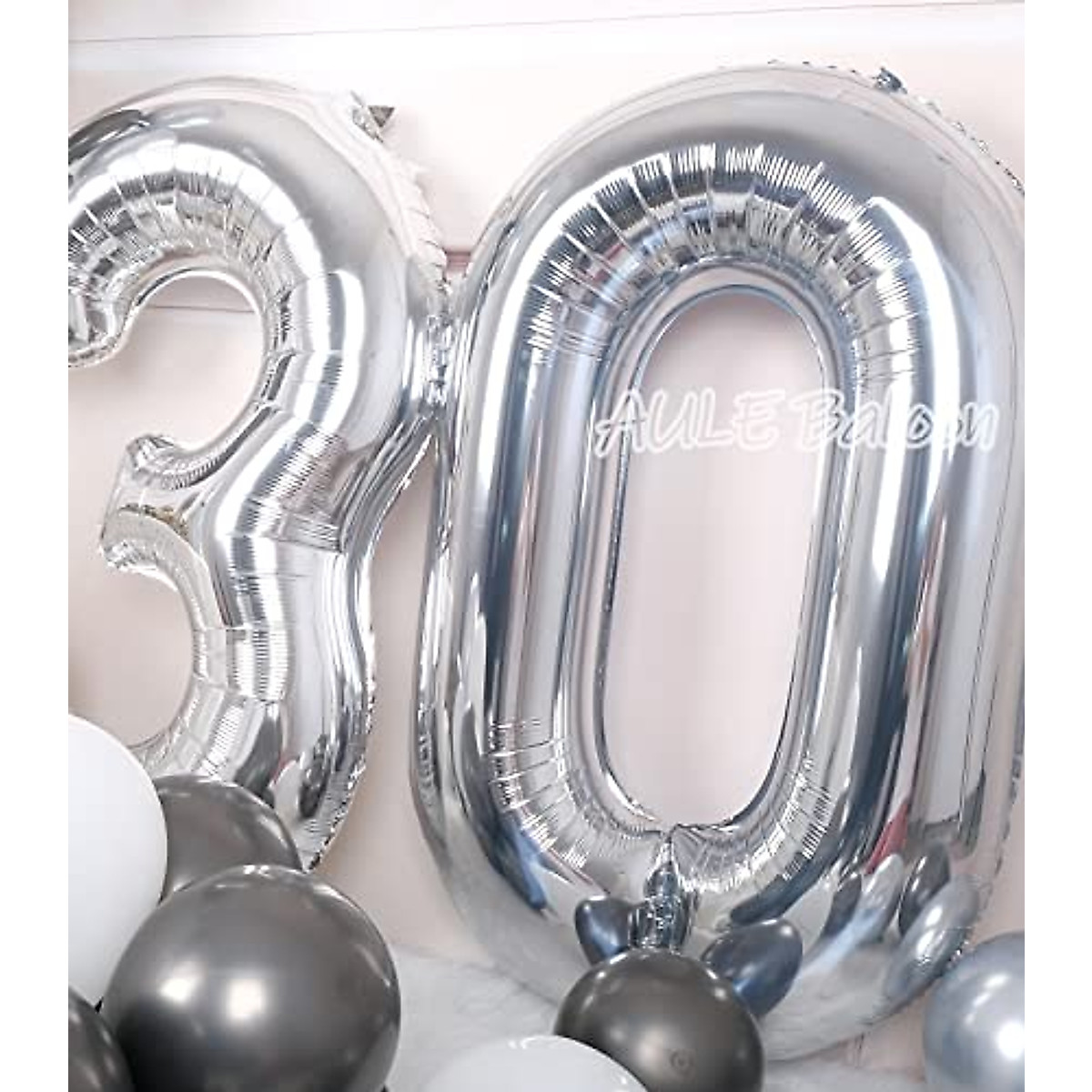 AULE 40 Inch Jumbo Silver Foil Mylar Number Balloons for Men Women 30th Birthday Party Decorations 30 Years Old Anniversary Party Supplies