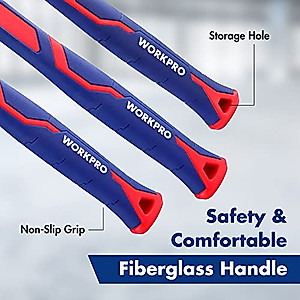 WORKPRO 5-Piece Hammer Set, Forged & Polished Steel Head, Fiberglass Handle, 32oz Rubber Mallet | 16oz Claw Hammer | 3lb Sledge Hammer | 16oz Ball Peen Hammer | 22oz Double-Faced Mallet