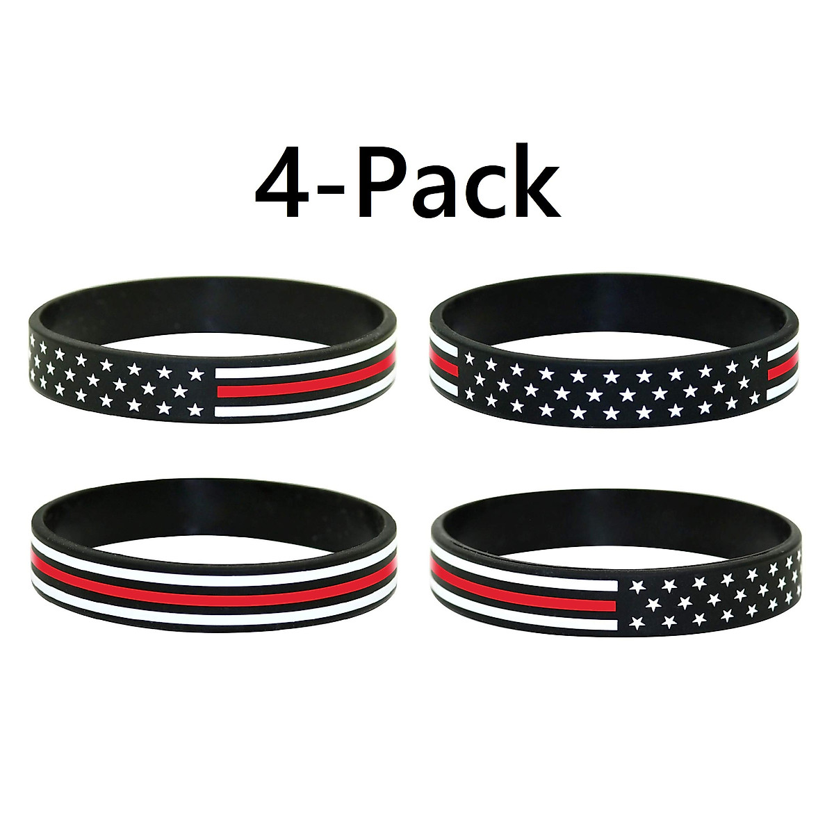 Great 1 Thin Red Line American Flag Silicone Stretchable Bracelet 4-Pack - Fireman Firefighter