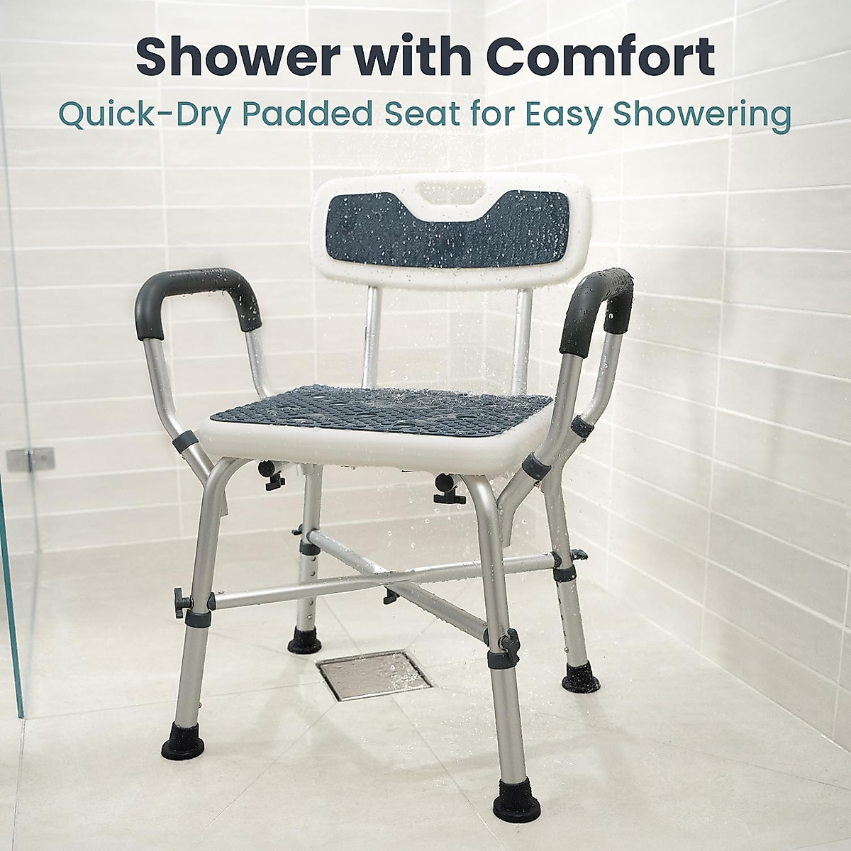 PELEGON Shower Chair (450lb) with Padded Armrests and Back, Shower Chair for Elderly and Disabled, Adjustable Height Shower Seat, Heavy Duty Shower Chair for Inside Shower, Handicap Shower Chair- Blue