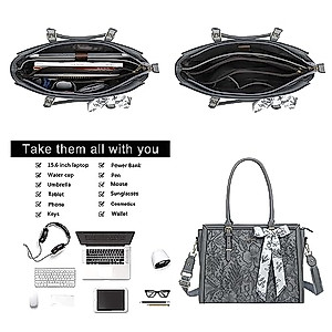 MOSISO Laptop Bag for Women, 15.6-16 inch PU Leathe Tote Bag Compatible with MacBook, HP, Dell, Asus Notebook, Front Embossed Retro Hibiscus Computer Bag with Silk Scarf&Clutch Purse, Gray