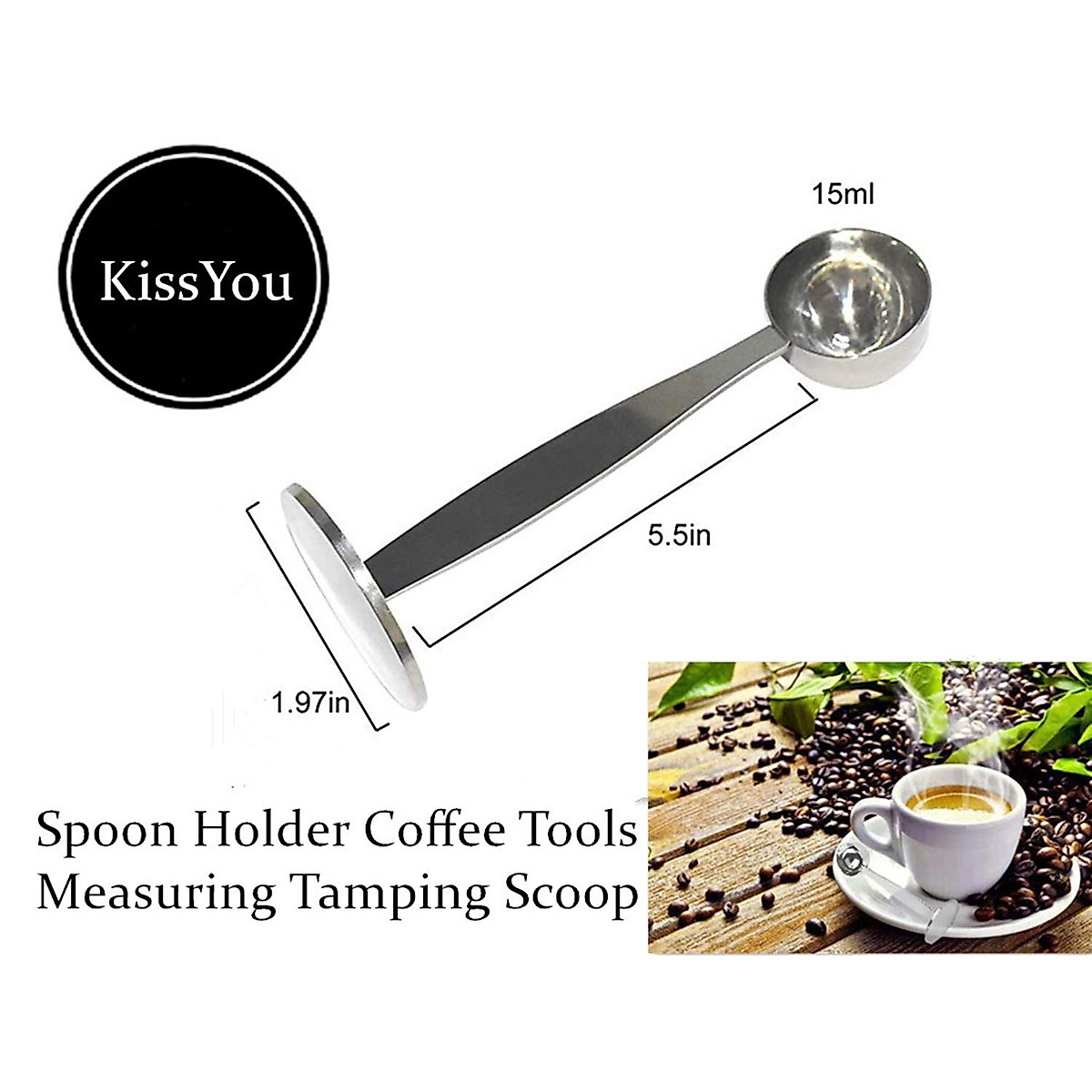 Espresso Scoop with Tamper 2 In 1 Stainless Steel Coffee Scoop Tamping Dual-Purpose Coffee Spoon Powder Hammer Tamper Multi Function Spoon Holder Coffee Tools for Measuring and Tamping
