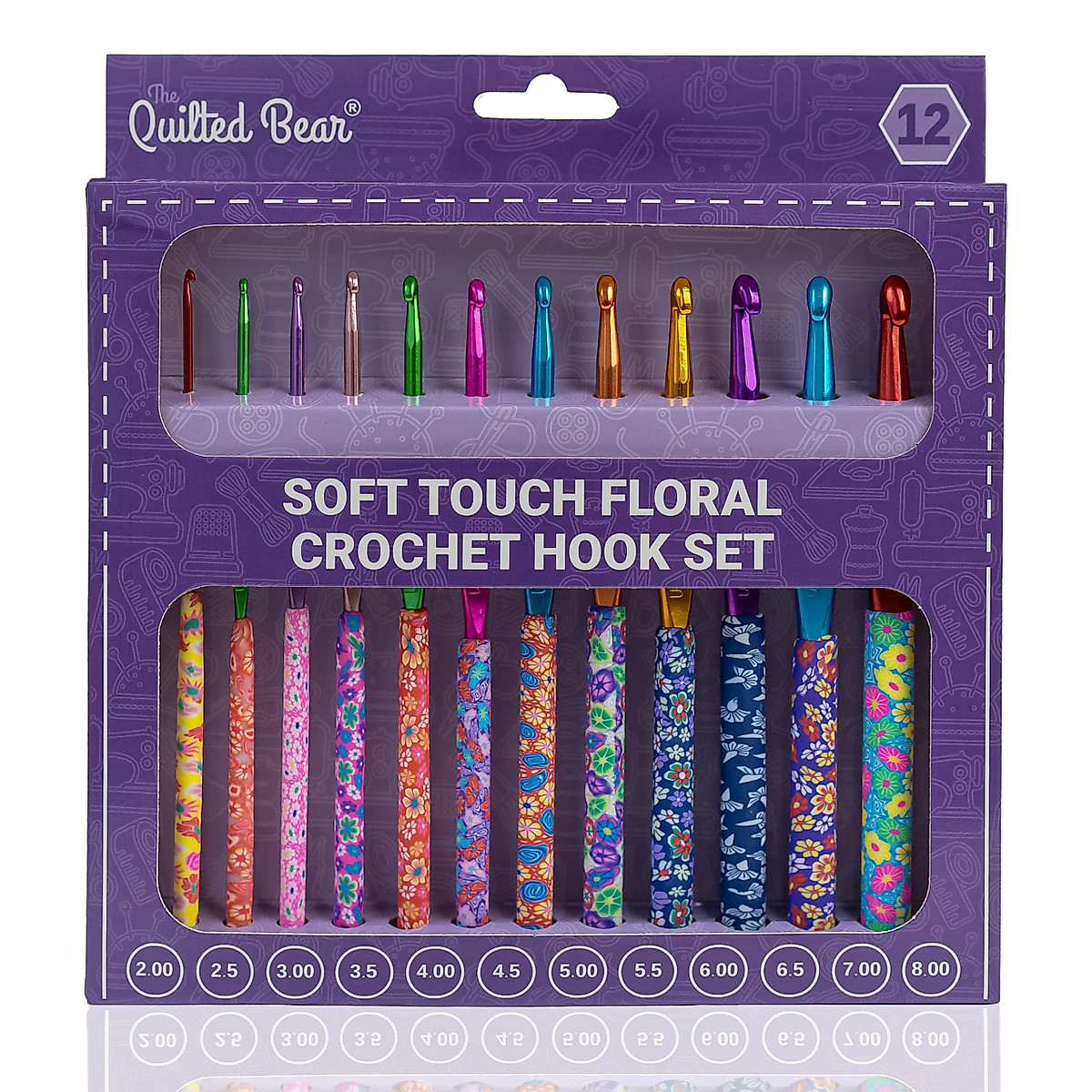 The Quilted Bear Crochet Hook Set - Premium Soft Grip Floral Crochet Hooks with Polymer Clay Handle 12 Hook Kit (2mm, 2.5mm, 3mm, 3.5mm, 4mm, 4.5mm, 5mm, 5.5mm, 6mm, 6.5mm, 7mm & 8mm)