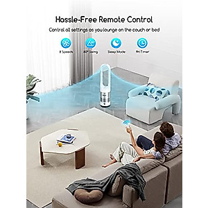 ZICOOLER Tower Fan for Bedroom, 22 Inch Bladeless Fan, 80° Oscillating with Remote, 8 Speeds, 8H Timer, Quiet Desk Cooling Standing Floor Fans Indoor Home Office Room, White