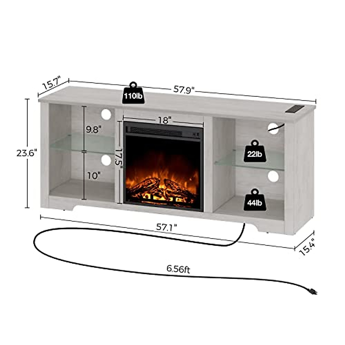 Rolanstar Fireplace TV Stand with LED Lights and Power Outlets, TV Console for 43" 50" 55" 60" 65", Entertainment Center with Adjustable Glass Shelves, White