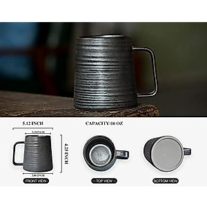 globe faith Large Handmade Pottery Coffee Mug, Unique Matte Metallic Antracite Ceramic Coffee Cup, Annular Texture Big Handle Clay Tea Mug for Home, Office or Gifts, Microwave & Dishwasher Safe,16 oz