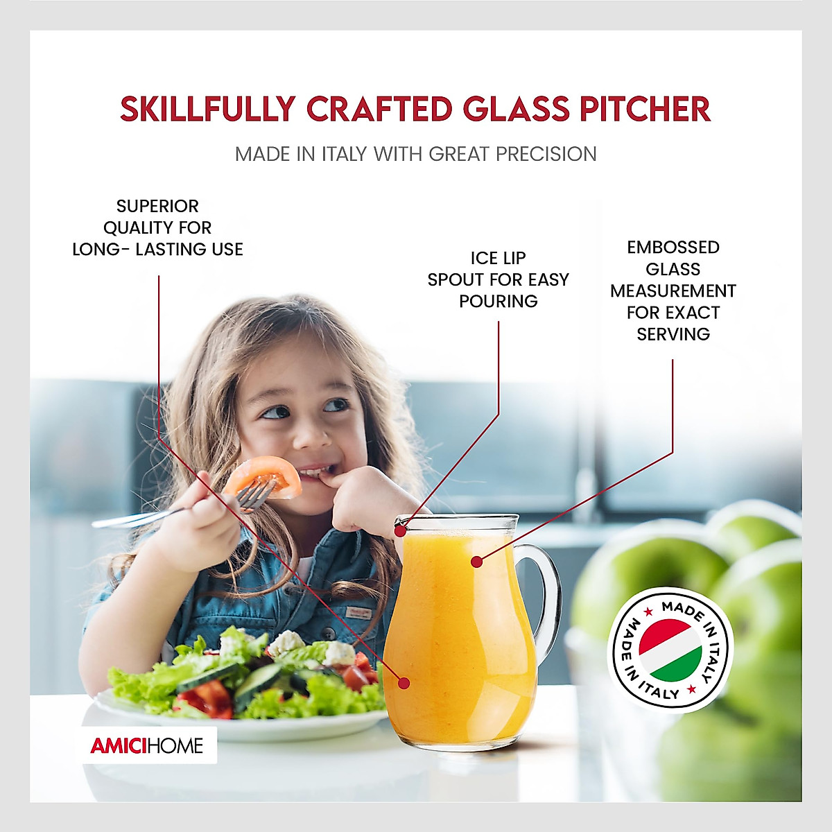 Amici Home Roxy Glass Water Pitcher with Handle and Spout | Round Jug with Ice Lip | Great for Iced Tea, Sangria, Lemonade, Juice | Made in Italy (Small)