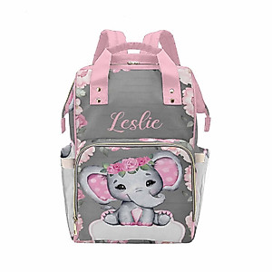 InterestPrint Personalized Baby Elephant with Pink Rose Flowers Diaper Bag Nursing Baby Bags Nappy Bag Travel Daypack for Mom Dad Girl