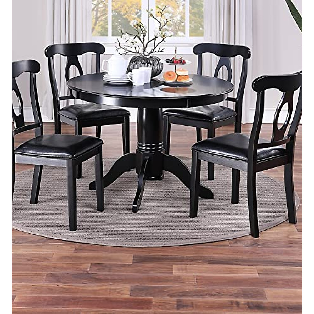 Lepfun Classic Design 5pc, Round Side Upholstered Cushion Fabric Upholstery Seat,Rubberwood Black Color Furniture for Dining Romm,Living Room,Easy to Assemble, Table Set with Chairs 4