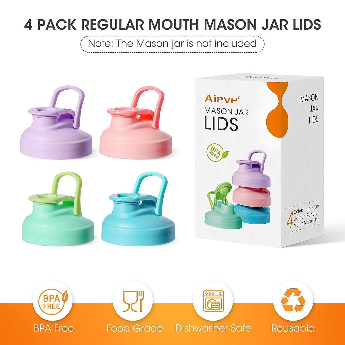 Aieve Mason Jar Lids, 4 Pack Regular Mouth Mason Jar Pour Spout Lid, Canning Lids with Flip Top Lid, Leak-Proof