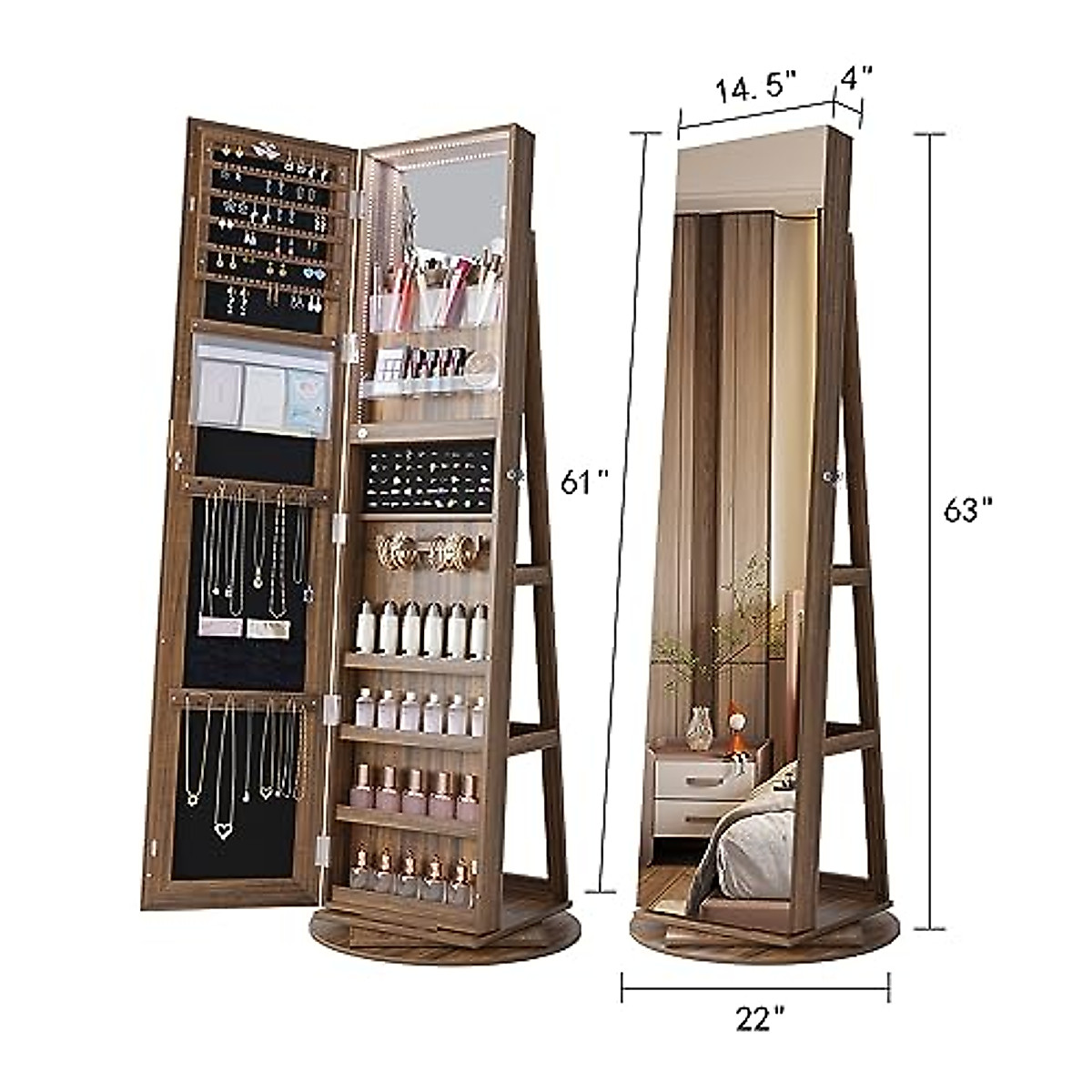HNEBC LED Light Jewelry Organizer Mirror 360°Rotating, Armoire with Door Mirror, Full Length Cabinet Storage, Large Boxes & Organizers（A Light Brown）