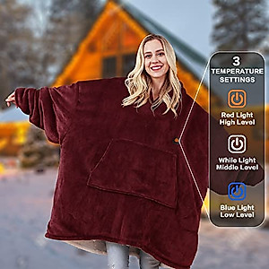 OCTROT Heated Wearable Blanket Hoodie for Adult with Battery Pack 7.4V 10000mah, Oversized Blanket Hoodie Sherpa Hooded Blanket Sweatshirt for Women Men, Cozy Warm Soft Washable Blanket, Wine Red
