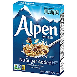 Alpen Muesli No Sugar Added Cereal, Heart Healthy Cereal with Wheat Flakes, Rolled Oats, Nuts and Raisins, Non-GMO Project Verified, 14 OZ Box (Pack of 6)
