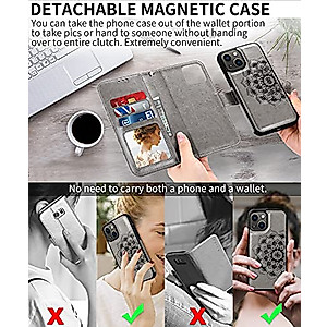 CASEOWL iPhone 13 Wallet Case - Magnetic Detachable 2-in-1 Mandala Embossed Leather with RFID Blocking, Card Holder, Hand Strap (Gray)