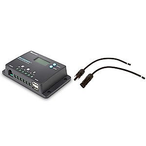 Renogy 10 Amp 12V/24V PWM Negative Ground Solar Charge Controller Compact Design w/LCD & One Pair of 9In 12AWG Adaptor Kit Solar Cable Wire PV with Female & Male Connectors