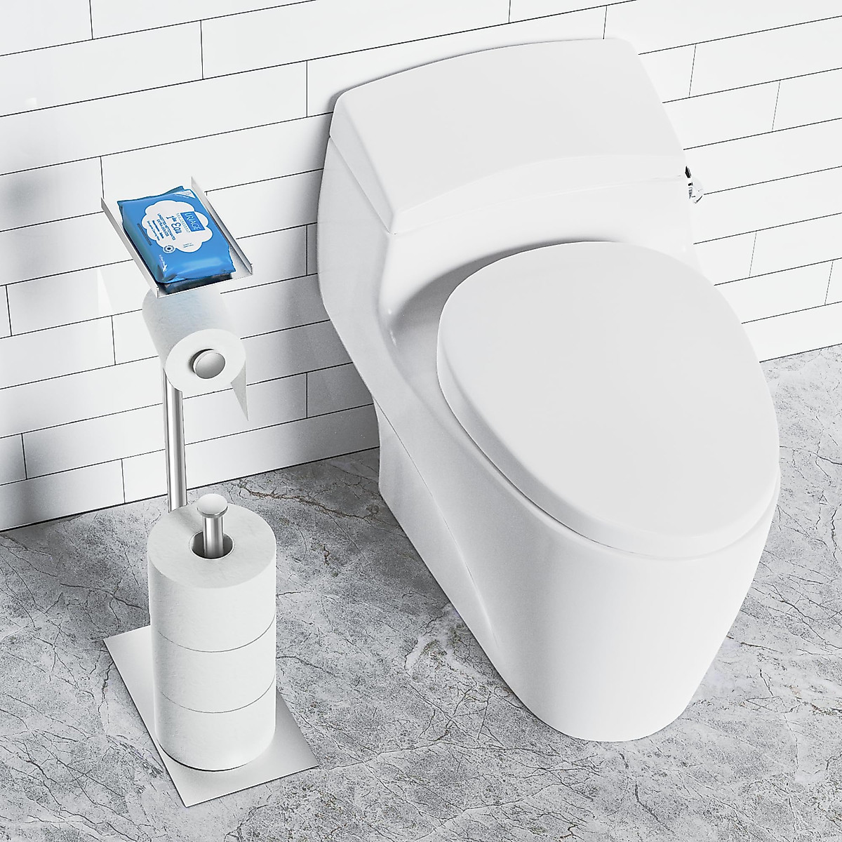 CISILY Silver Stainless Steel Toilet Paper Holder Stand with Phone Shelf, Bathroom Toliet Decor Decoration. Tissue Paper Roll Holder Free Standing Storage, Rv Accessories