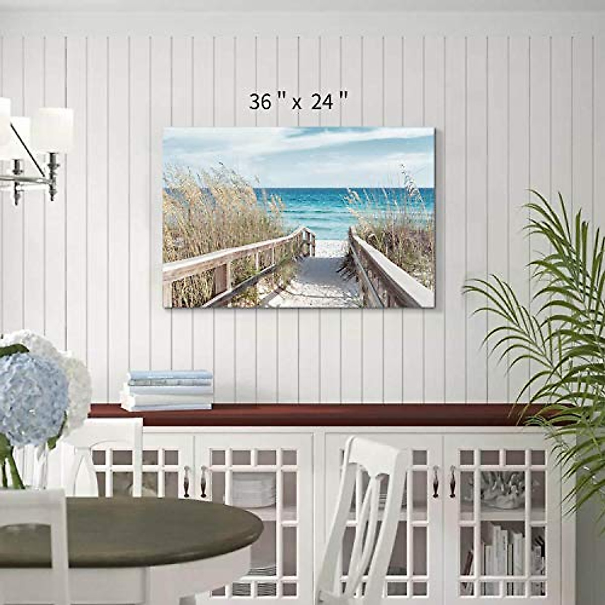 TAR TAR STUDIO Beach Artwork Seascape Wall Art: Seaside Painting Fence Pathway Picture Print on Wrapped Canvas for Living Room (36''W x 24''H, Multiple Sizes)