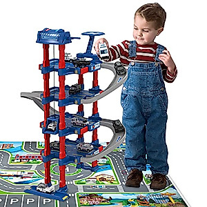 COVTOY Parking Garage Toy Playset, Race Car Ramp Track Toy, with 6 Police Cars, Four-Story for 4-8 Years Old Boys And Kids