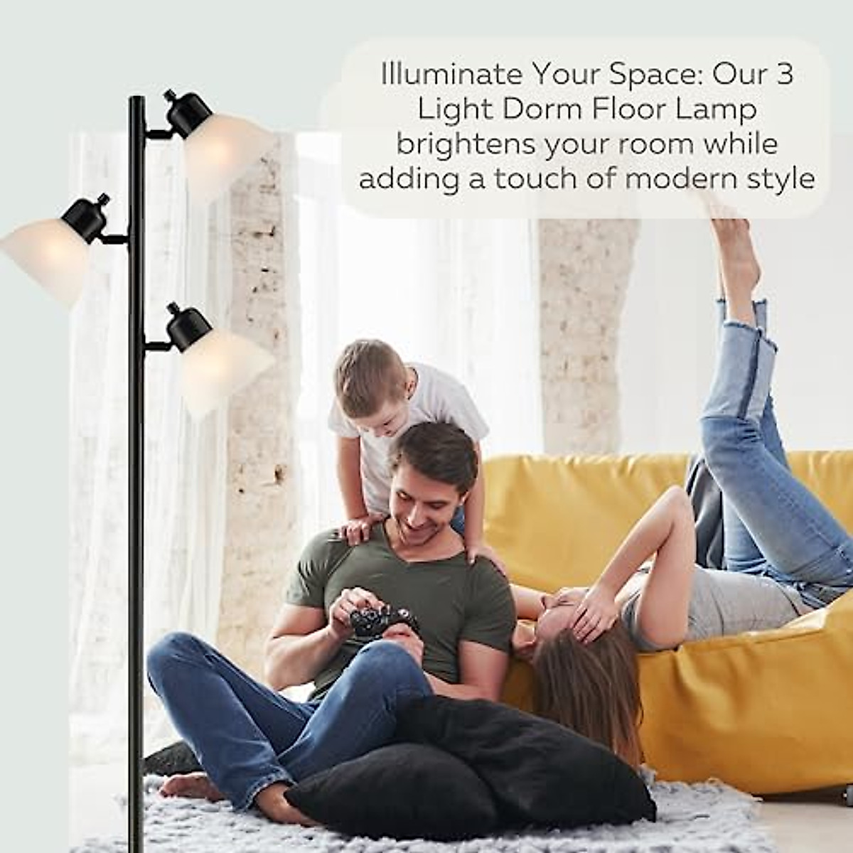 LIGHTACCENTS 3 Light Floor Lamp Tree Floor Lamp Industrial Modern Style Standing Multi Head Floor Lamp Pole Lamp with Adjustable Lights – Standing Lamps for Office – Tall Lamp Torchiere - Black