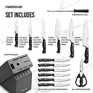 Farberware 15-Piece Forged Triple Riveted Knife Block Set, High Carbon-Stainless Steel Kitchen Knives, Razor-Sharp Knife Set with Wood Block, Graphite