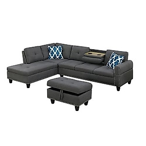 Devion Furniture Polyester Fabric Sectional Sofa with Lift-top Storage Ottoman, Tufted Design, in Gray Finish