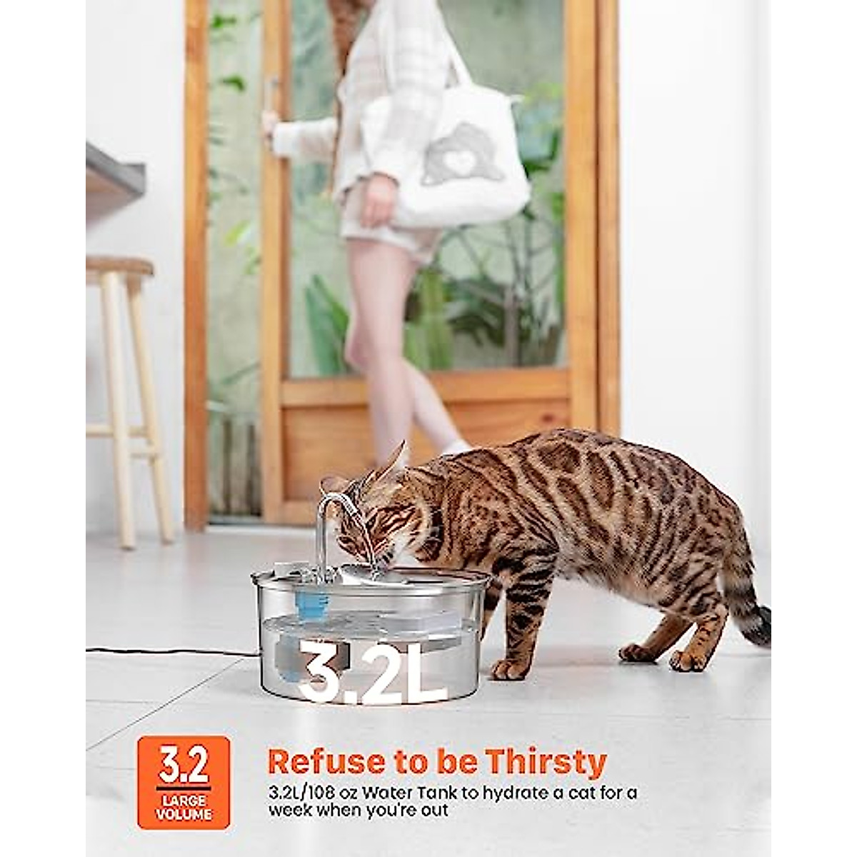 KOOGMOON Cat Water Fountain Stainless Steel, 108oz/3.2L Automatic Cat Fountain, Multi-Filtration, Easy to Clean, Ultra Silent Dog Water Dispenser for Cats, Dogs and Other Pets