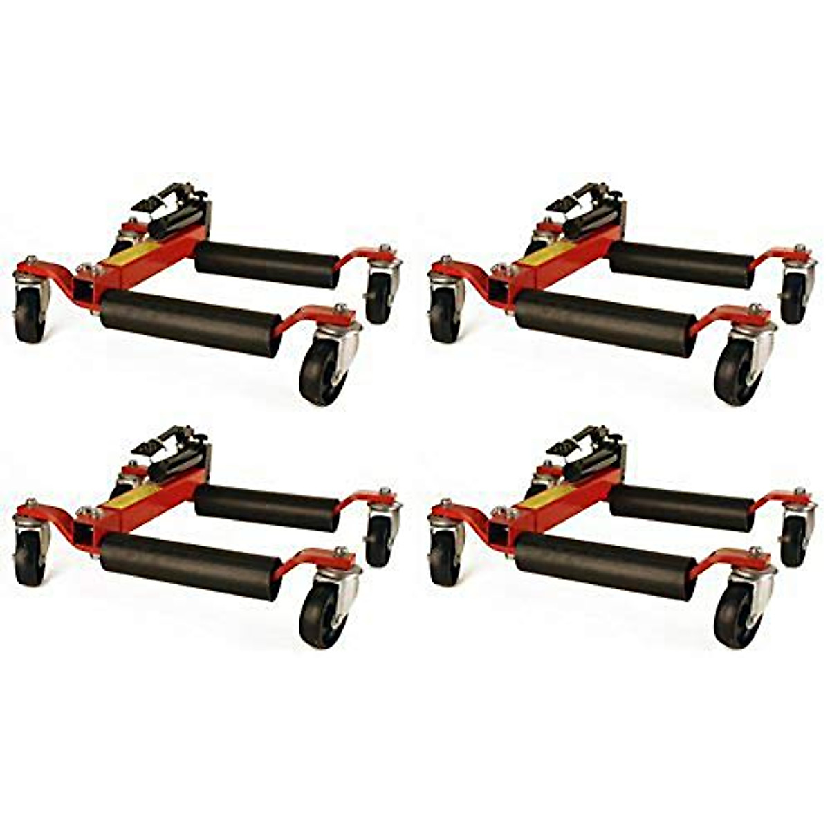(4) Dragway Tools 12in. 1500 lb Hydraulic Car Wheel Dolly with Storage Stand