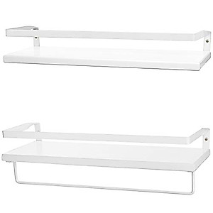 Peter's Goods Modern Floating Shelves with Rail - Wall Mounted Bathroom Wall Shelves with Towel Bar - Also Perfect for Bedroom Decor and Kitchen Storage - Solid Pine Wood Shelf Set of 2 (White)