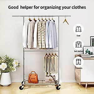 Ekisemio Standard Rolling Clothing Garment Rack, Rolling Clothes Organizer with Wheels and Bottom Shelves, Extendable, Chrome