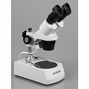 AmScope SE305R-PZ Forward Binocular Stereo Microscope, WF10x and WF20x Eyepieces, 10X-60X Magnification, 1X and 3X Objectives, Upper and Lower Halogen Light Source, Pillar Stand, 120V , White