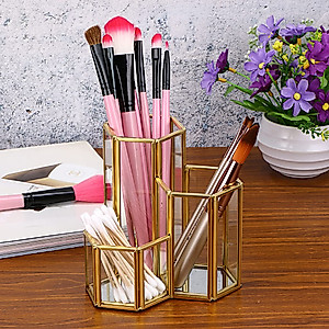 Hipiwe 3 Slots Glass Makeup Brush Holder - Gold Hexagon Cosmetics Brush Eyeliners Display Cup Home Decorative Makeup Organizer Desktop Pen/Pencil Pot Holder for Office
