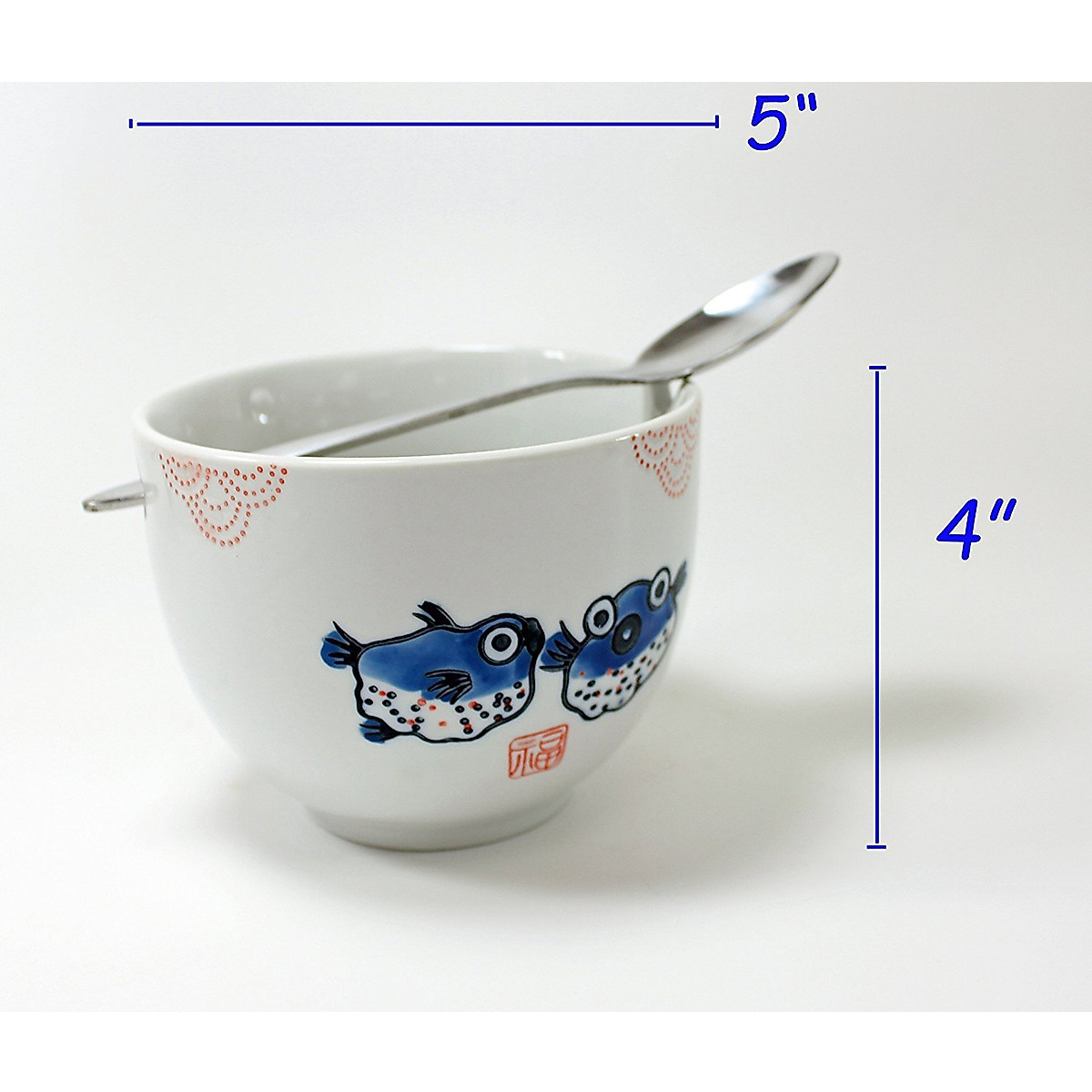 ラーメンボウル [Set of 2] Japanese Porcelain Ceramic Bowls w Chopsticks Ramen Soup Noodle Porridge Menudo Ramen Udon Pasta Cereal Ice cream Pho Rice Instant Noodle ~ We Pay Your Sales Tax (Puffer Fish)