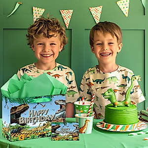 Dinosaur Birthday Gift Bag for Boys Girls Kid Dinosaur Happy Birthday Favor Bag Dinosaur Birthday Wrapping Paper Bag with Tissue Paper and Greeting Card for Dinosaur Birthday Christmas Party Supplies