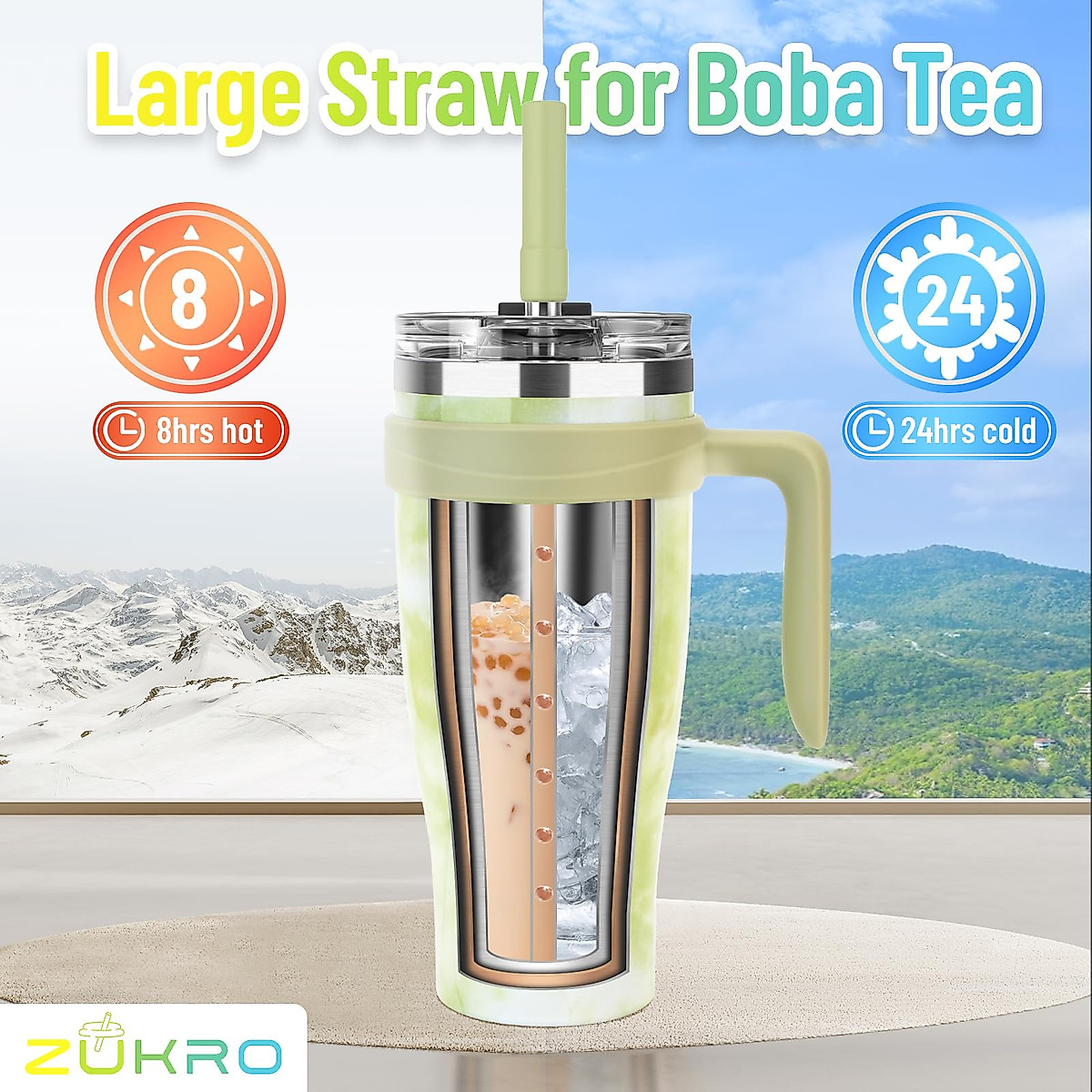 Zukro 40 oz Tumbler With Handle and Straw, Leak Proof Vacuum Insulated Stainless Steel Cup with 2-in-1 Screw on Lid, Fit in Cup Holder, No Sweat, Keeps Drinks Cold 24 Hours