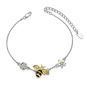 LONAGO 925 Sterling Silver Bumblebee Queen Honey Bee Honeycomb Sunflower Bracelet Daisy Jewelry Adjustable Link Chain Gift for Women Mom