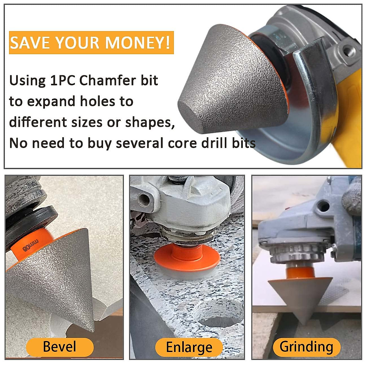 Diamond Core Drill Bits Set 8pcs Tile Hole Saw Kit for Porcelain Tile Ceramic Marble Brick Granite with 5/8-11 Thread(6/8/10/25/35/50mm+50mm Beveling Chamfer Bit Tile Cone+Hex Shank Adapter)