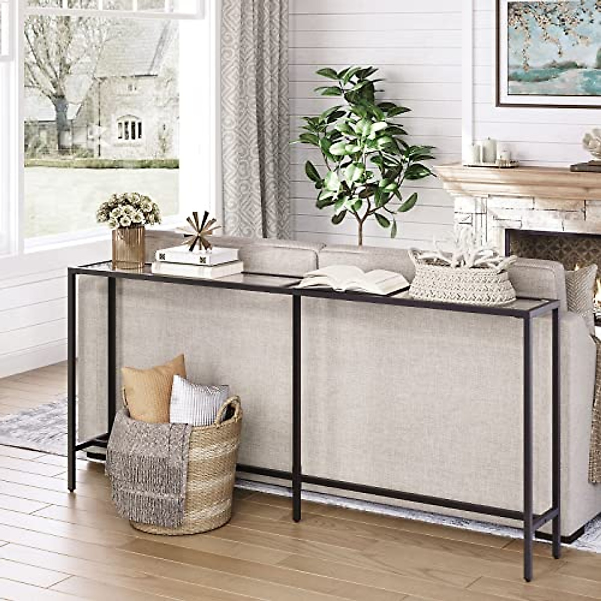 ALLOSWELL 70.9”L Console Table, Tempered Glass Sofa Table, Modern Entryway Table, Easy to Assemble, Steel Frame, for Living Room, Hallway, Black CTH18B01