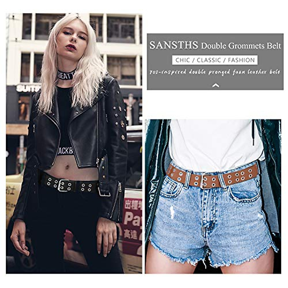 SANSTHS Double Grommet PU Leather Belt for Women Men Punk Rock Metal Jeans Belts 1 1/2 inch, Black S