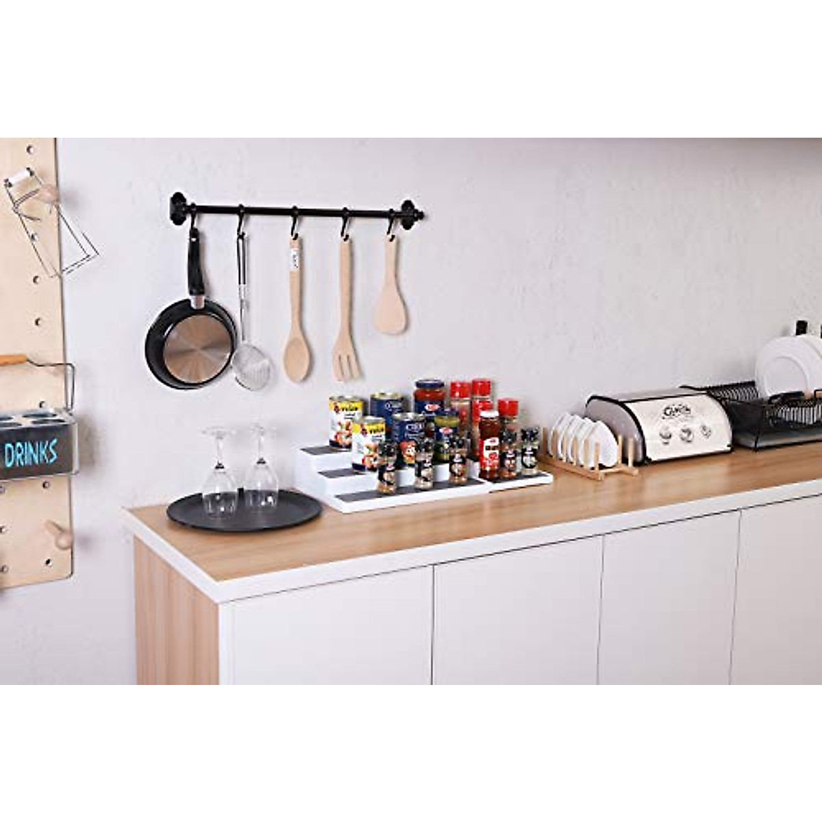 YCOCO 3-Tier Expandable Spice Rack Step Modern Design Waterproof and Non Skid Shelf Kitchen Organizer for Pantry Cabinet or Countertop Use