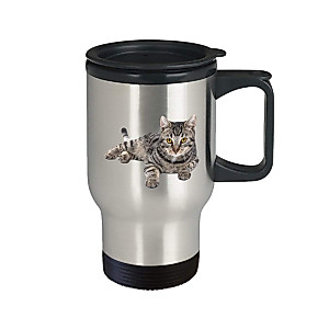 Grey Tabby Cat Travel Mug - Funny Insulated Tumbler- Novelty Birthday Christmas Anniversary Gag Gifts Idea