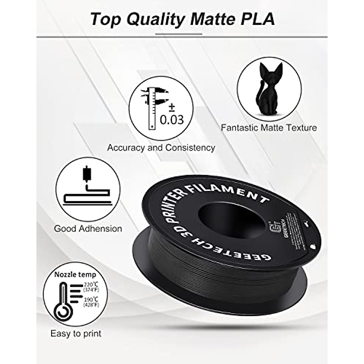 Geeetech Matte PLA Filament 1.75mm,3D Printer Consumables,Printing Materials Dimensional Accuracy +/- 0.03 mm,1kg Spool (2.2lbs),Fit Most FDM Printer,Matte Black