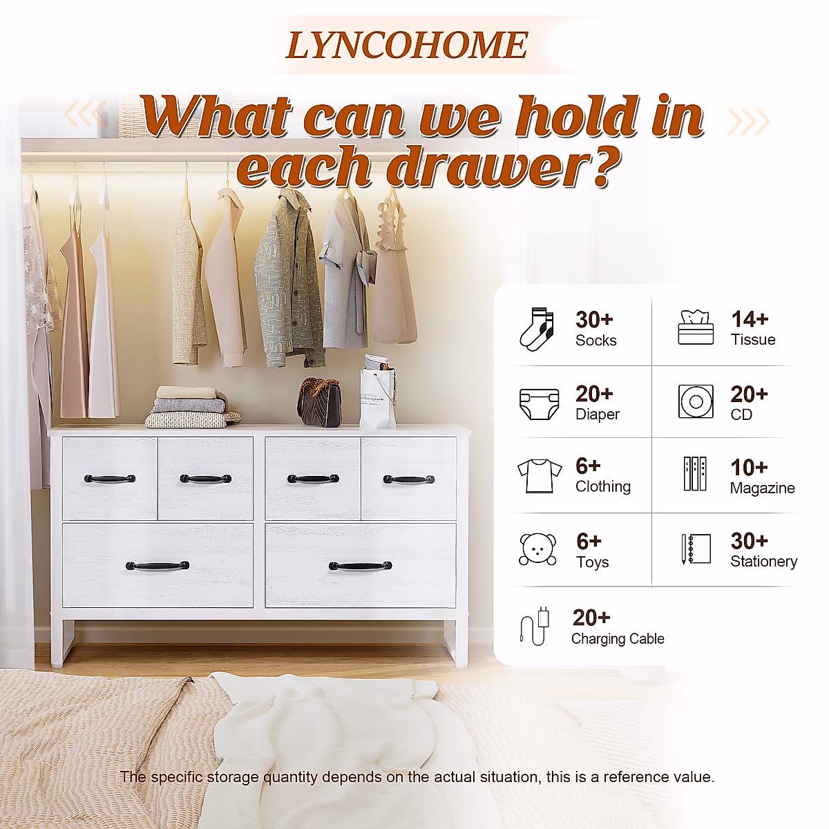 LYNCOHOME Dresser TV Stand, White Dresser for Bedroom with 6 Drawers,Wide Dresser with Sturdy Frame & Wood Top for Storage in Bedroom,Entryway,Hallway