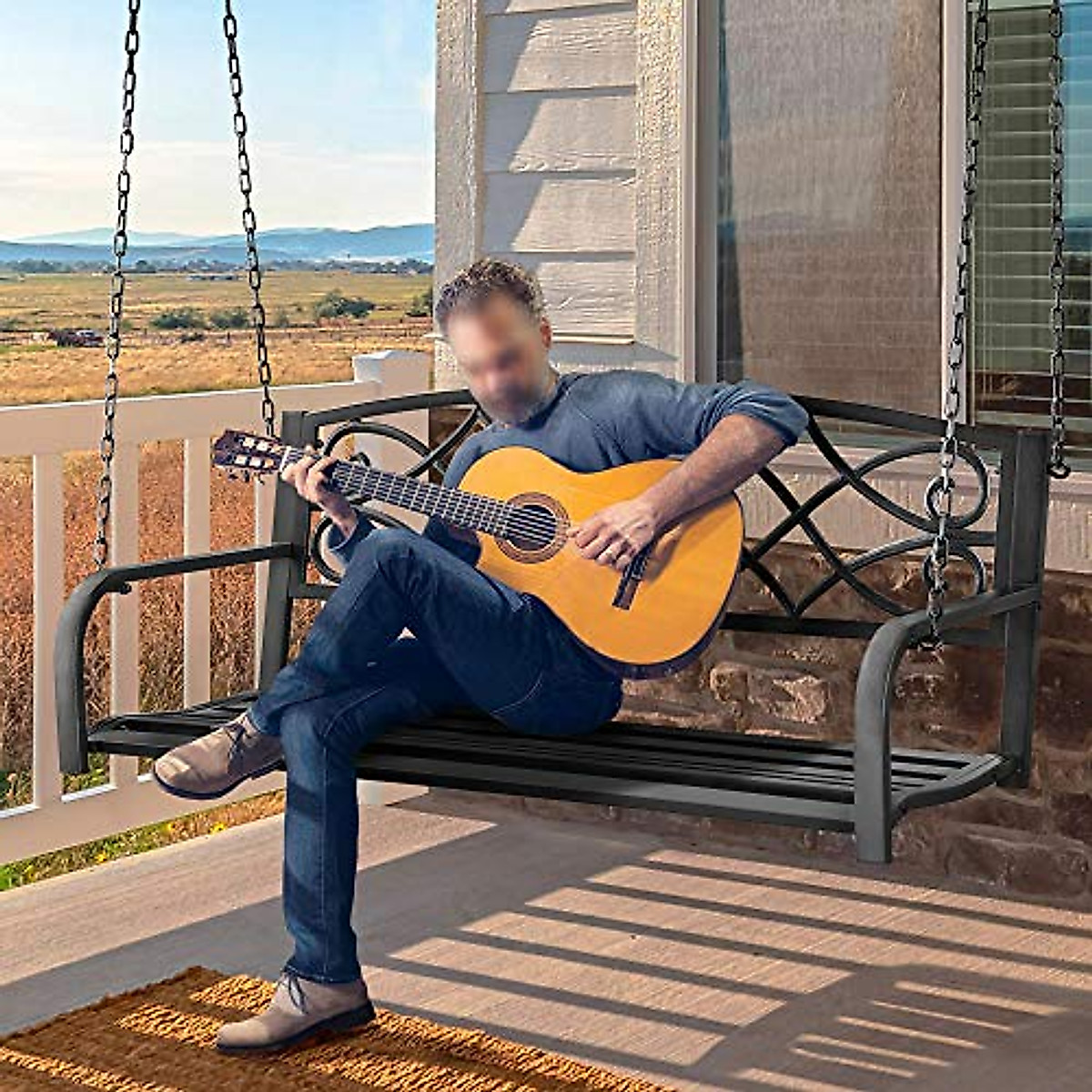 Yaheetech Outdoor Porch Swing, 2 Persons Patio Swing Chair Metal Hanging Bench, Heavy Duty 500lb Weight Capacity Swing Seat All-Weather Resistant, Black