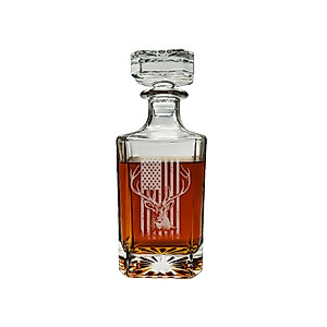 USA Flag Buck Hunting Whiskey Decanter With Glass Stopper Custom Gift For Men Dad Veteran Father's Day Deer Hunter