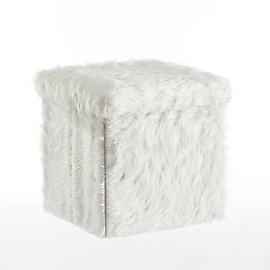 Urban Lifestyle White Mongolian Fur Collapsible Storage Ottoman with Lid, 15"x15"x15"