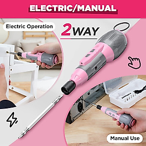 WORKPRO Electric Cordless Screwdriver Set - 4V USB Rechargeable Lithium-ion Battery Screwdriver Kit with LED Light - Small Screwdriver with 7pcs Bits for Home, Office, Apartment - Pink Ribbon